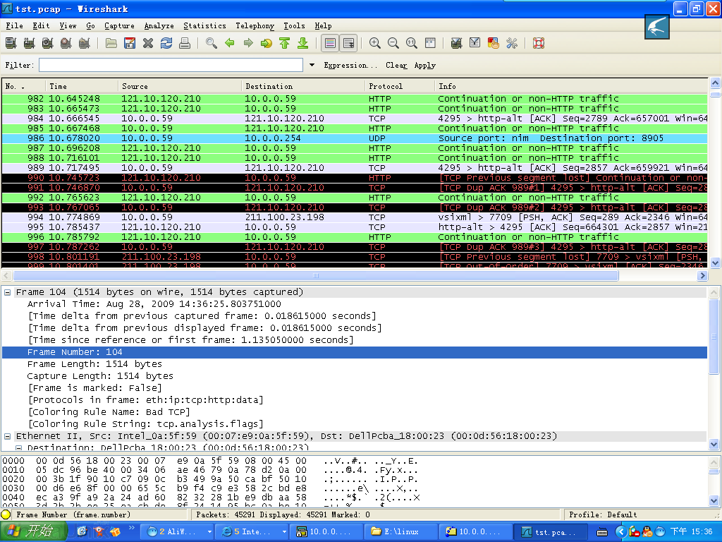 wireshark分析数据包时，窗口的各种颜色分别表示什么意思