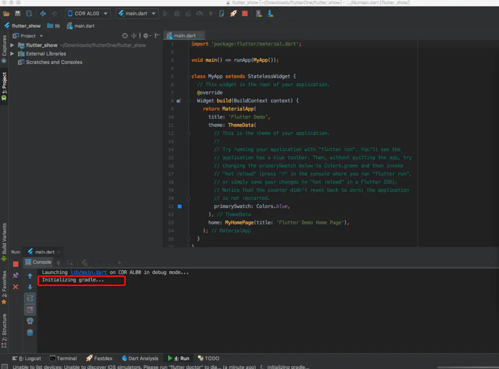 解决Flutter项目卡在Initializing gradle...界面的问题_initializing the flutter sdk 卡住-CSDN博客