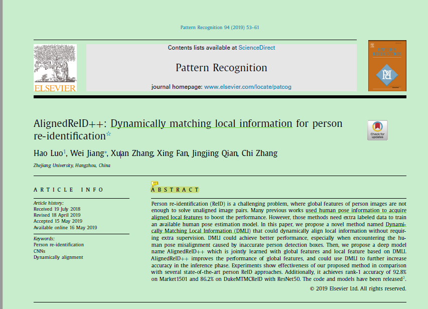 【ReID】AlignedReID ++ : Dynamically matching local information for person re-identification ...