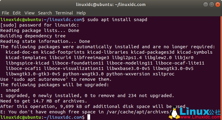 在Ubuntu中安装软件时，提示： E: You don't have enough free space in /var/cache/apt/archives/._sudo apt ...