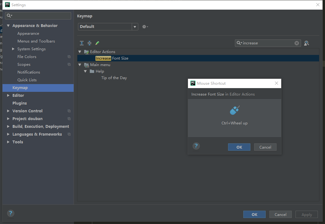 How to customize settings in pycharm to zoom in and out through "ctrl ...