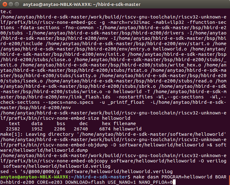 蜂鸟E203系列——Linux下运行hello world例程_hbird-e-sdk-CSDN博客